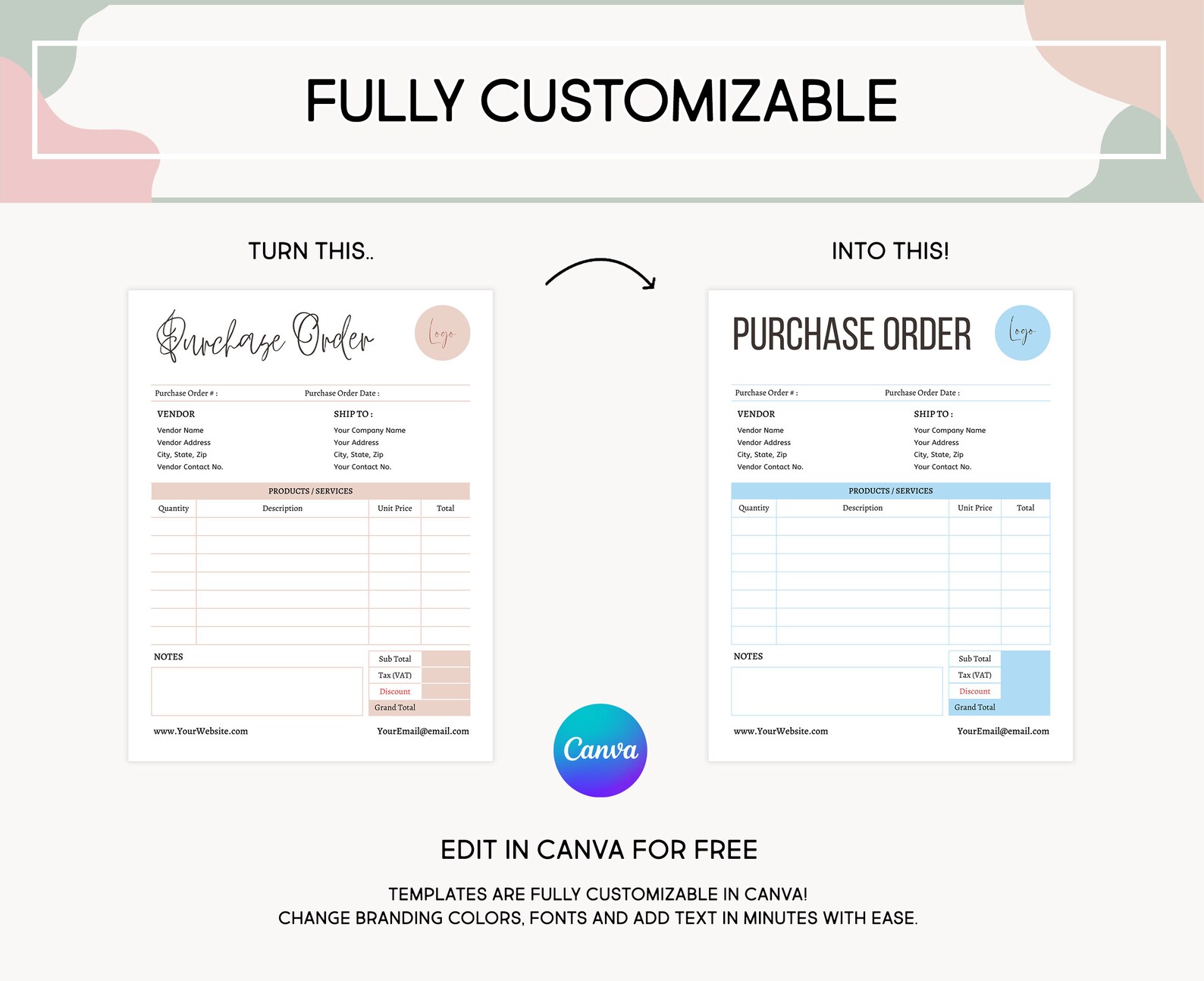 Editable Purchase Order Template Canva Order Form Template - Etsy