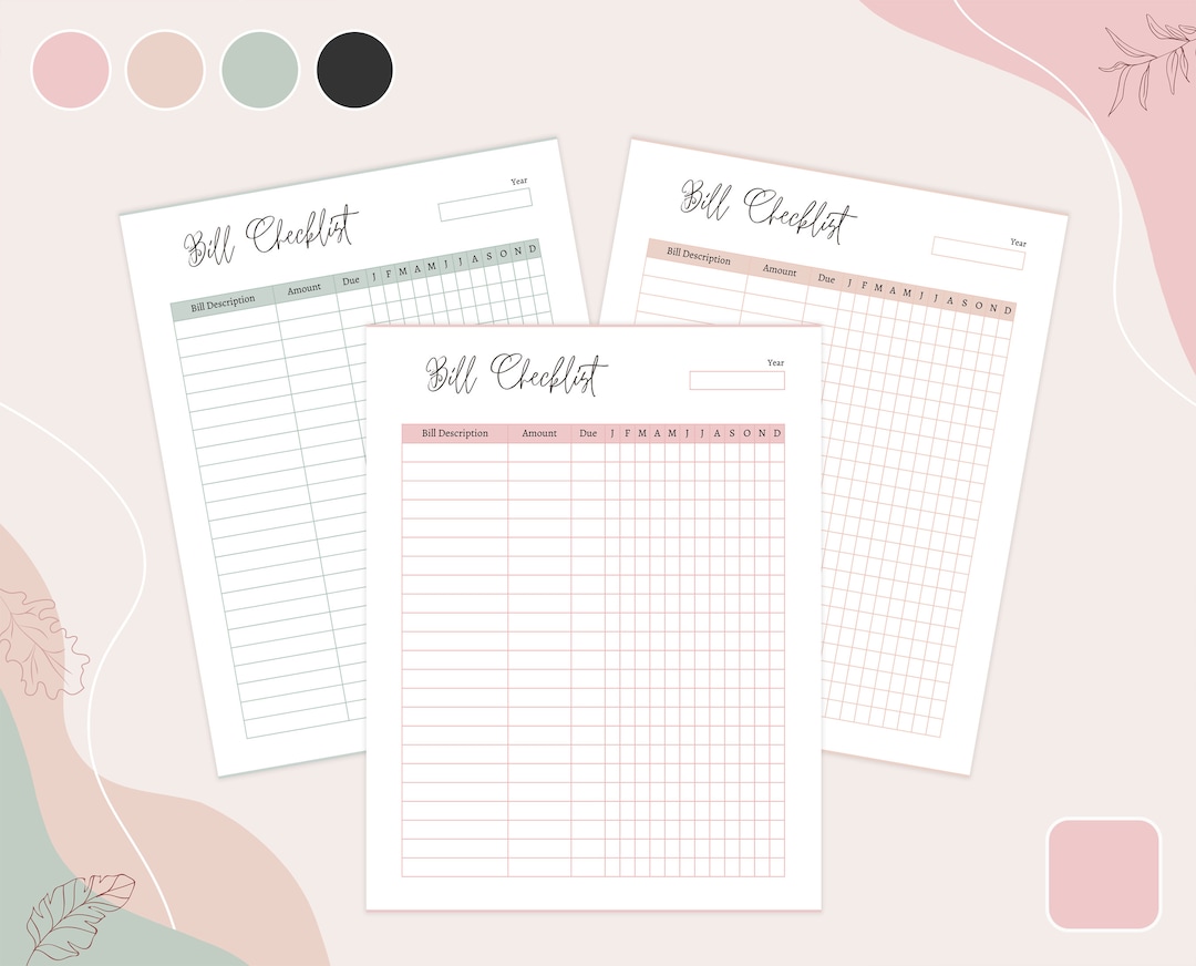 Printable Bill Checklist Yearly Bill Pay Checklist Template Expense ...