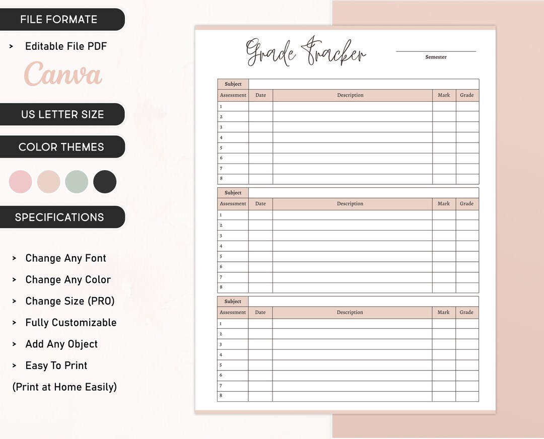 Editable Grade Tracker Printable Assignment Log Track Student - Etsy
