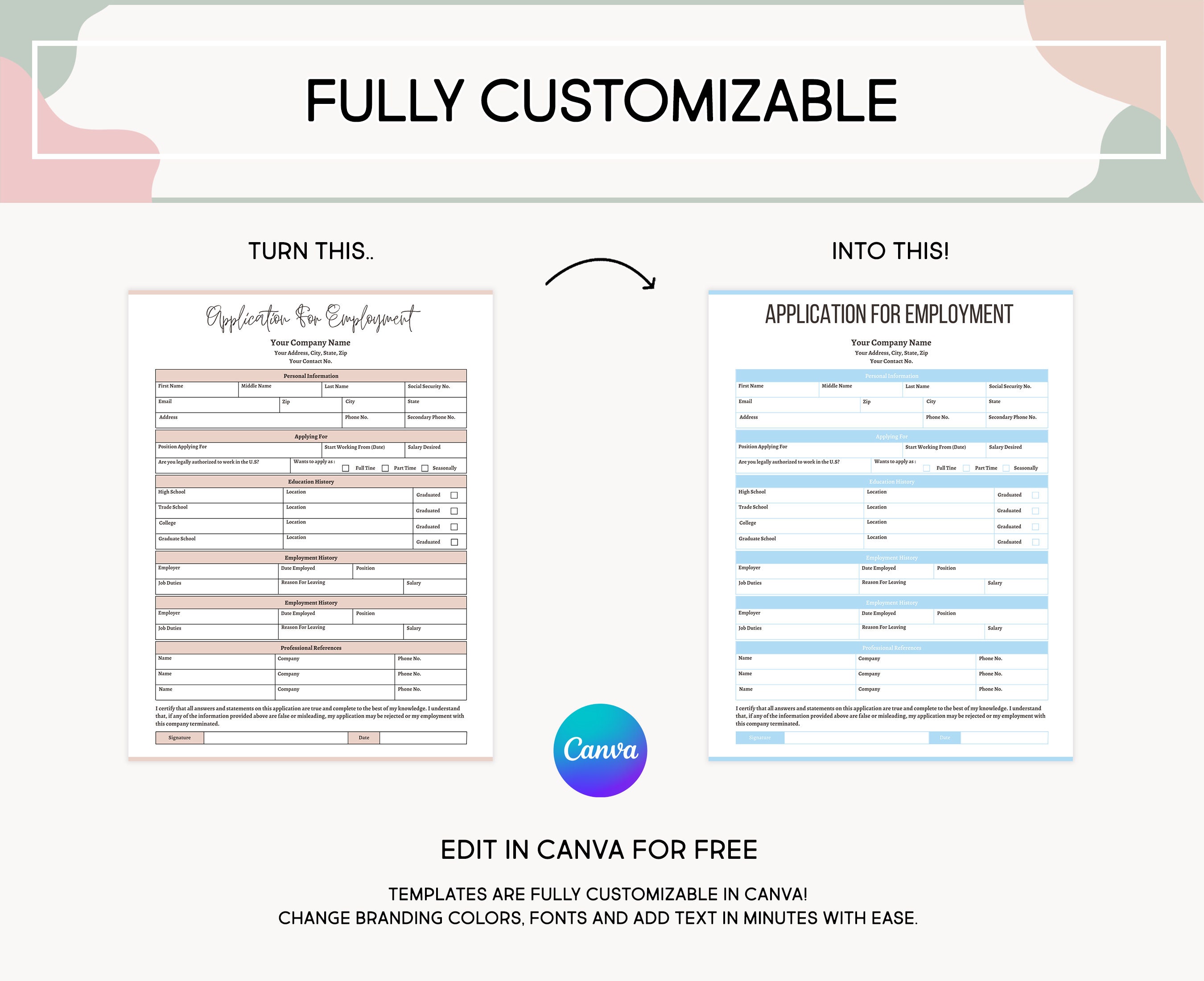 Employment Application Template, Printable Application, Canva Editable ...