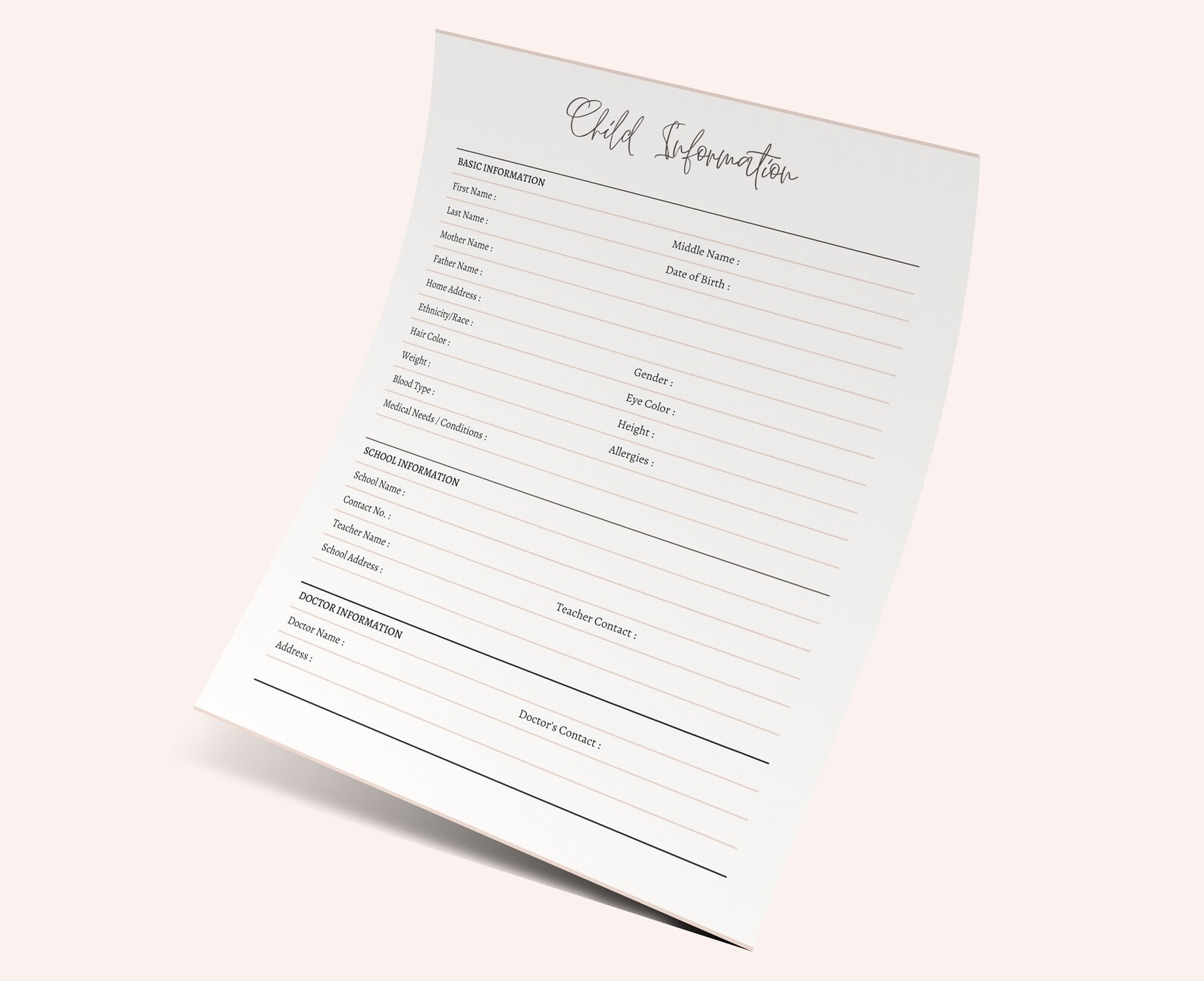 Printable Child's Information Sheet Editable Important Information ...