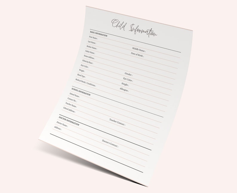 Printable Child's Information Sheet Editable Important Information Sheet, Babysitter Info ...