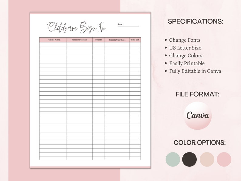 Childcare Sign in Sheet Template Editable in Canva Home - Etsy
