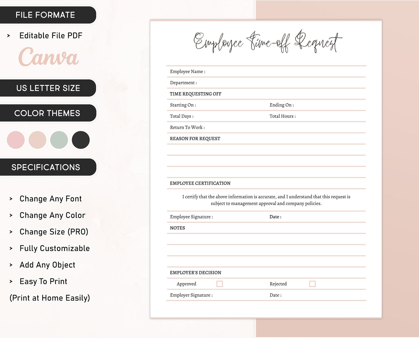 Employee Time off Request Template, Editable Vacation Request Form ...
