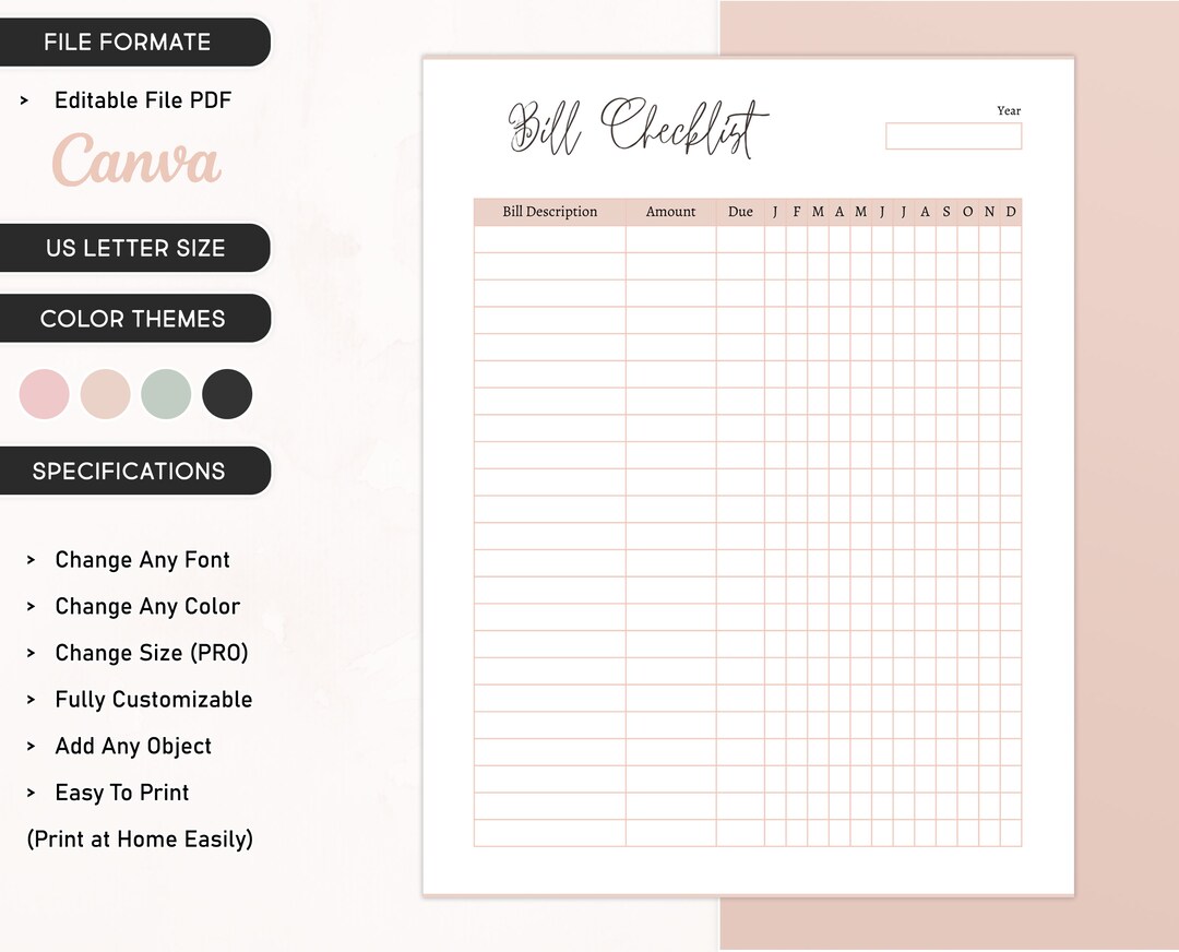 Bill Checklist Canva Template, Printable Monthly or Yearly Bill Tracker ...
