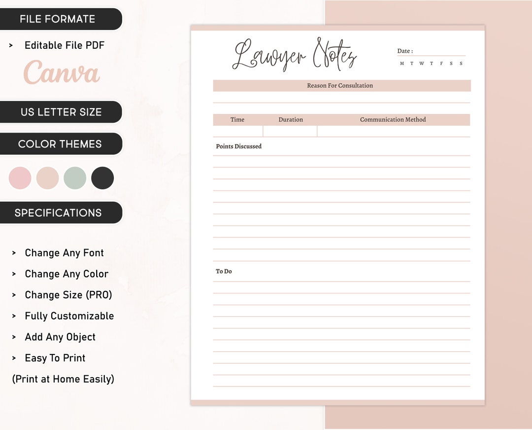 Printable Lawyer Notes, Editable Lawyer Planner, Law Client Note ...