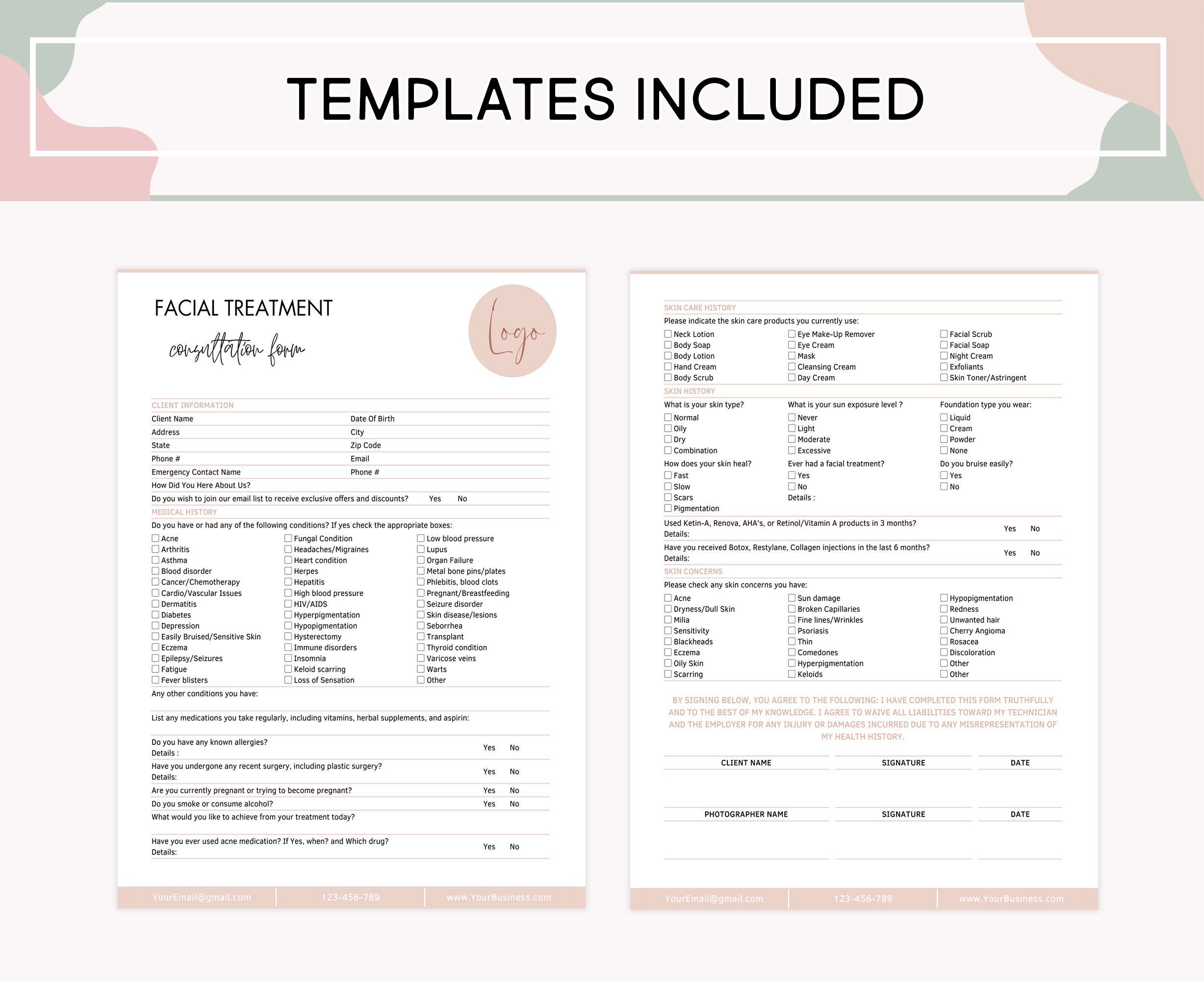 Facial Consultation Form, Editable Spa Form, Skincare Business Template ...