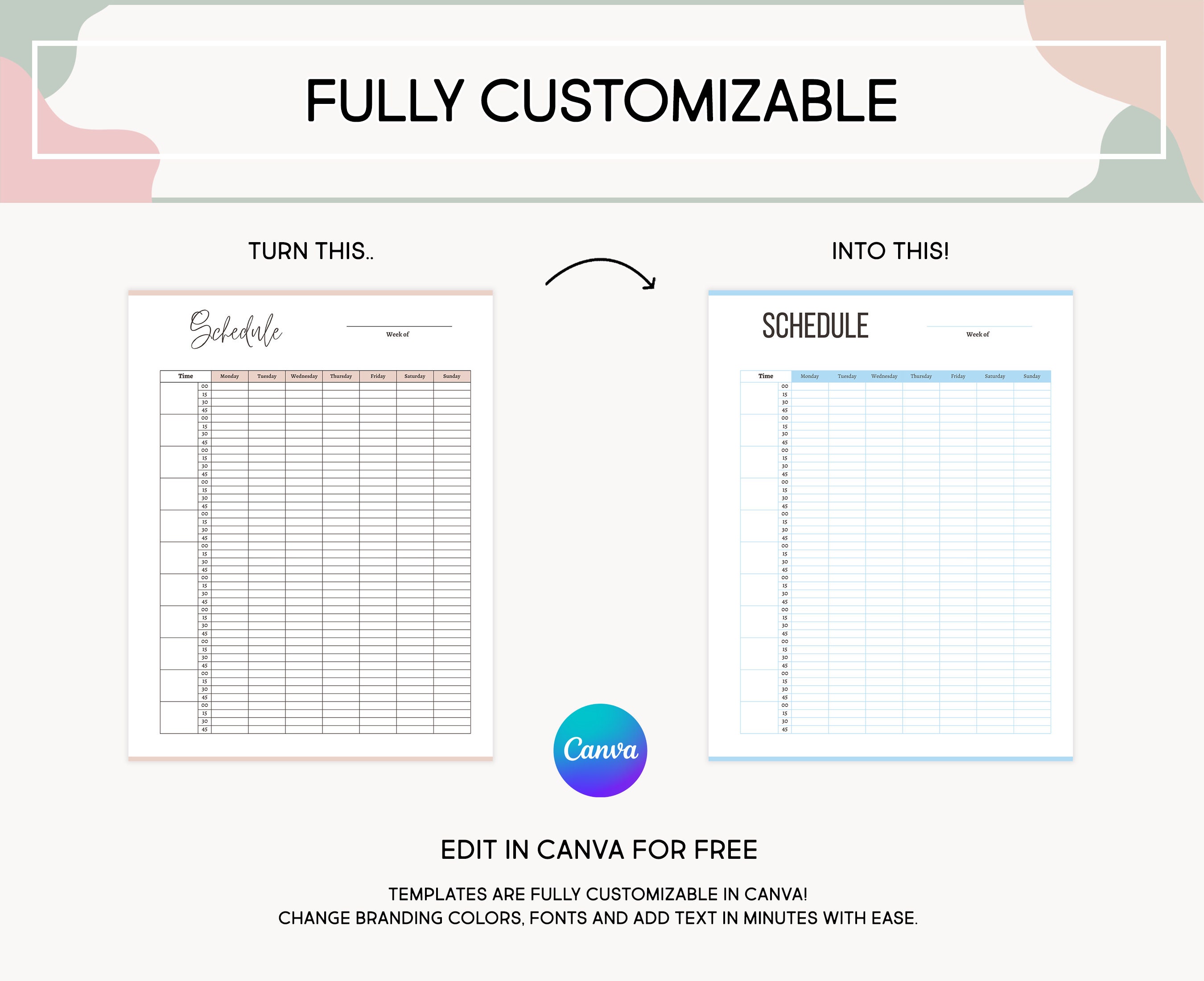 Printable Schedule 15 Minute Interval Planner Editable Daily Schedule ...