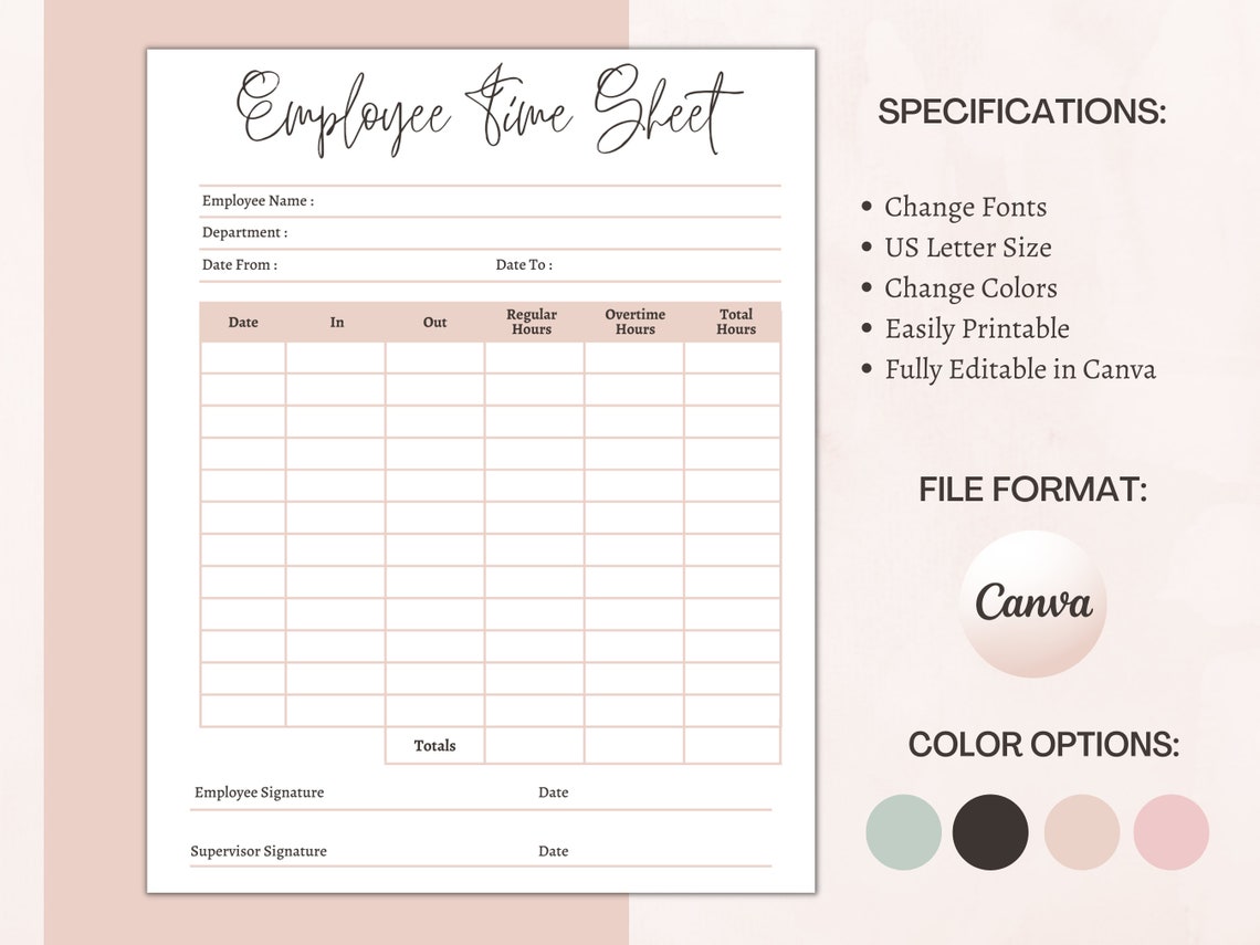 Employee Time Sheet Editable Canva Digital Template - Etsy