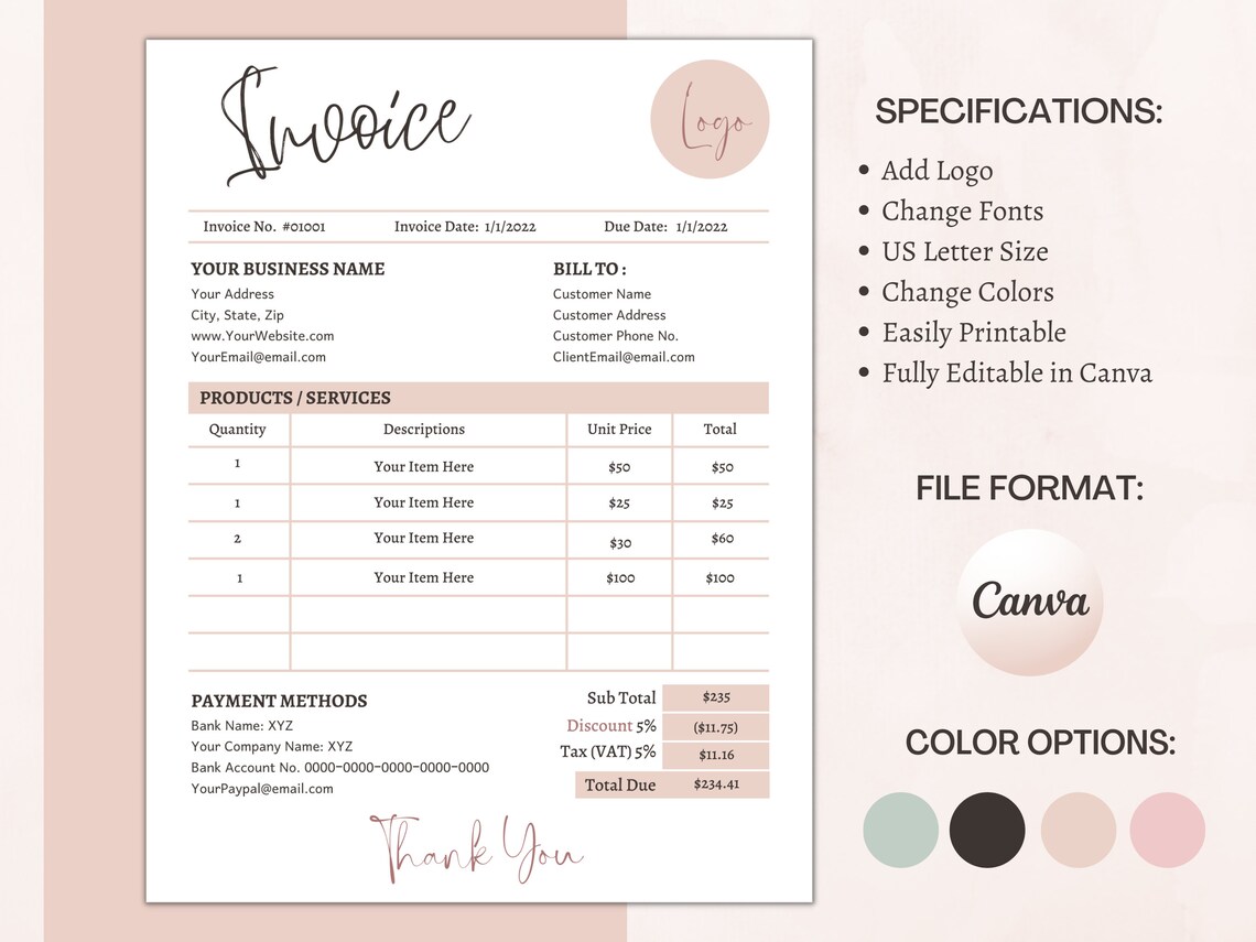 Invoice Template Editable in Canva Printable Invoice Log for - Etsy