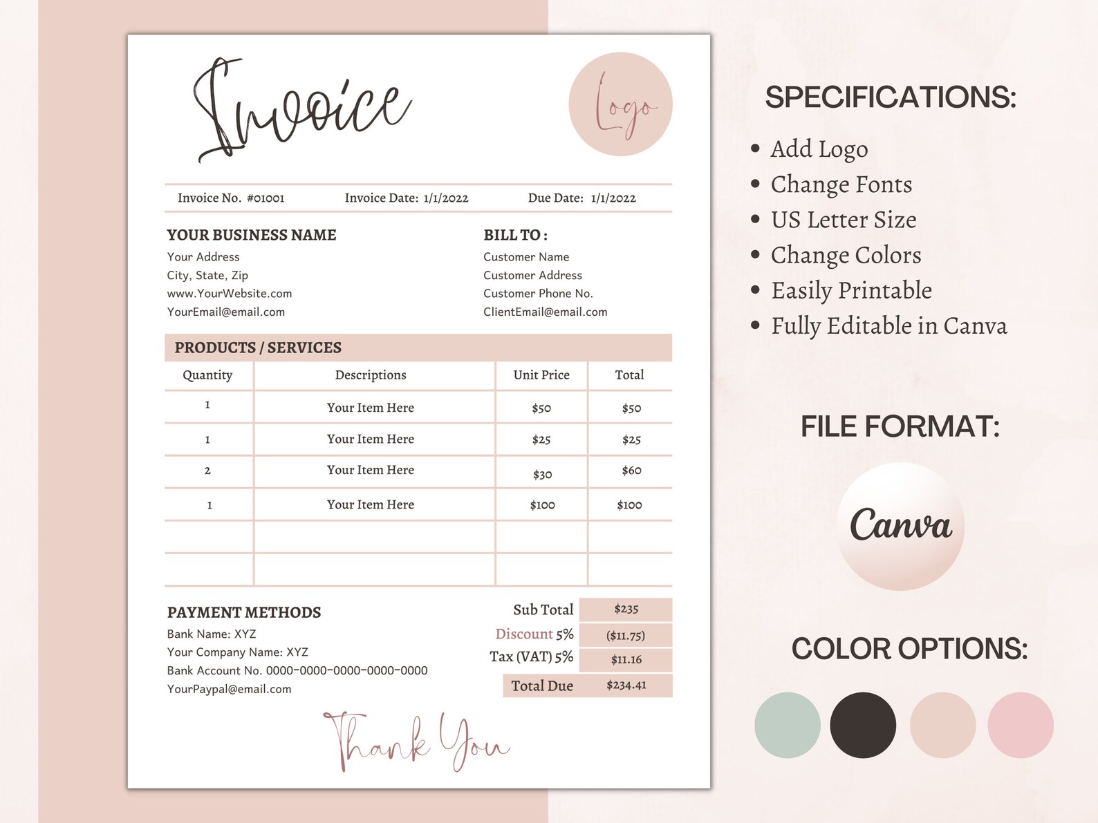 Invoice Template Editable in Canva Printable Invoice Log for - Etsy
