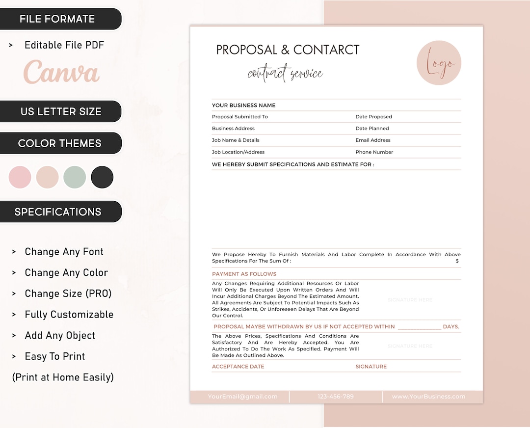 Printable Contract and Proposal Template Canva Editable Form - Quote ...