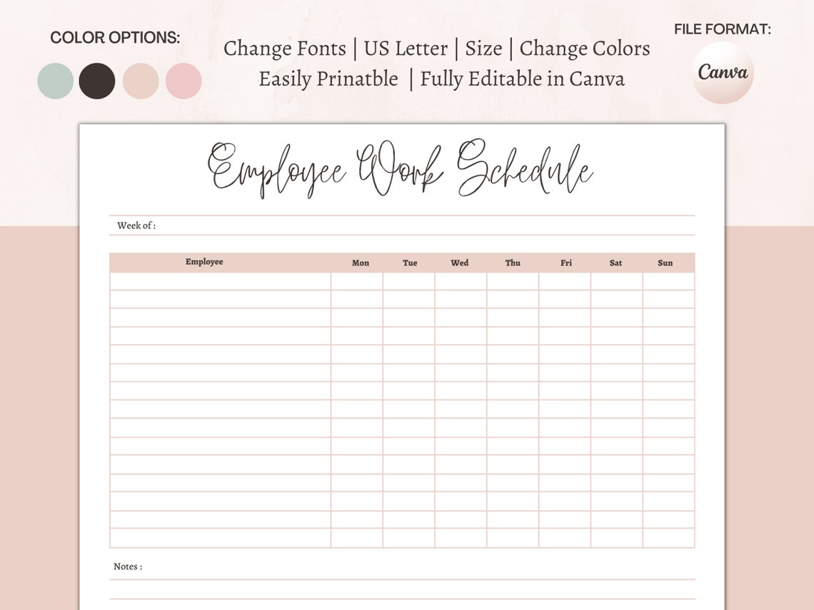 Employee Work Schedule Printable Crew Daily Working Chart - Etsy