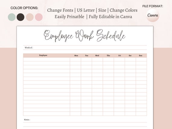 Employee Work Schedule Printable Crew Daily Working Chart - Etsy