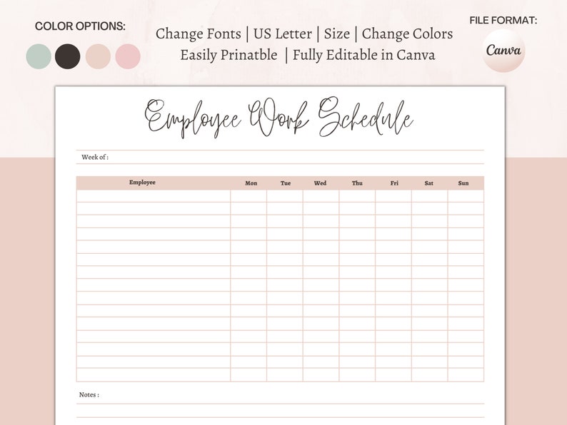 Employee Work Schedule Printable Crew Daily Working Chart - Etsy