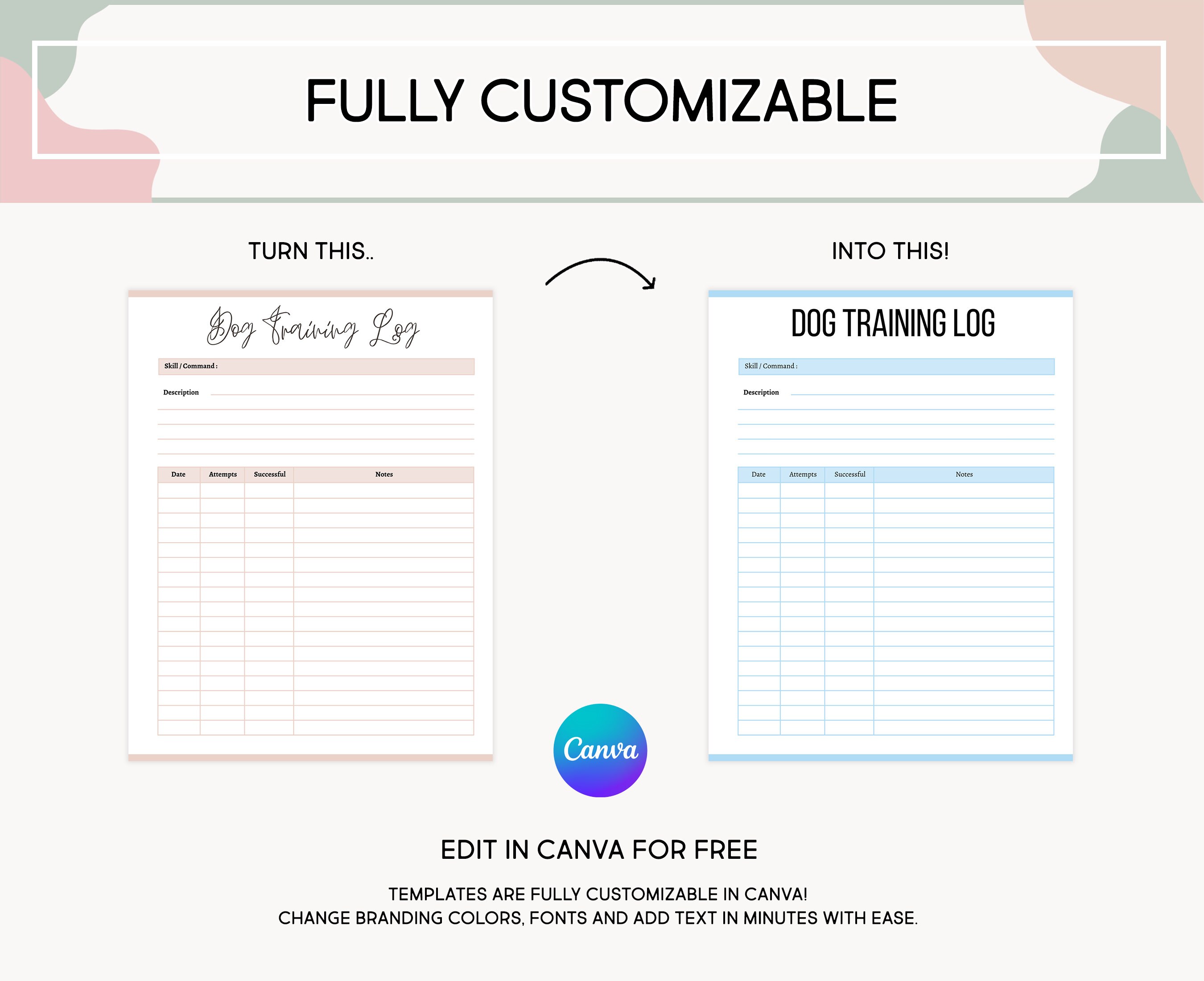 Printable Dog Training Log, Dog Skill Training, Dog Command Tracker ...