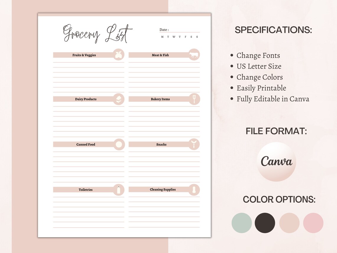 Printable Grocery List Editable Master Grocery List Template - Etsy