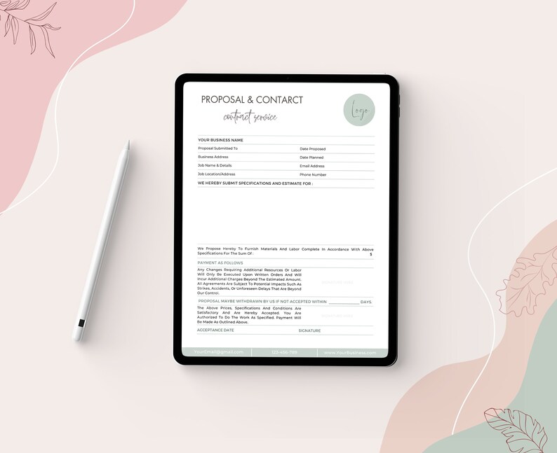 Proposal And contract Form, Printable Business Form Template, Quote Sheet Editable Job Proposal ...