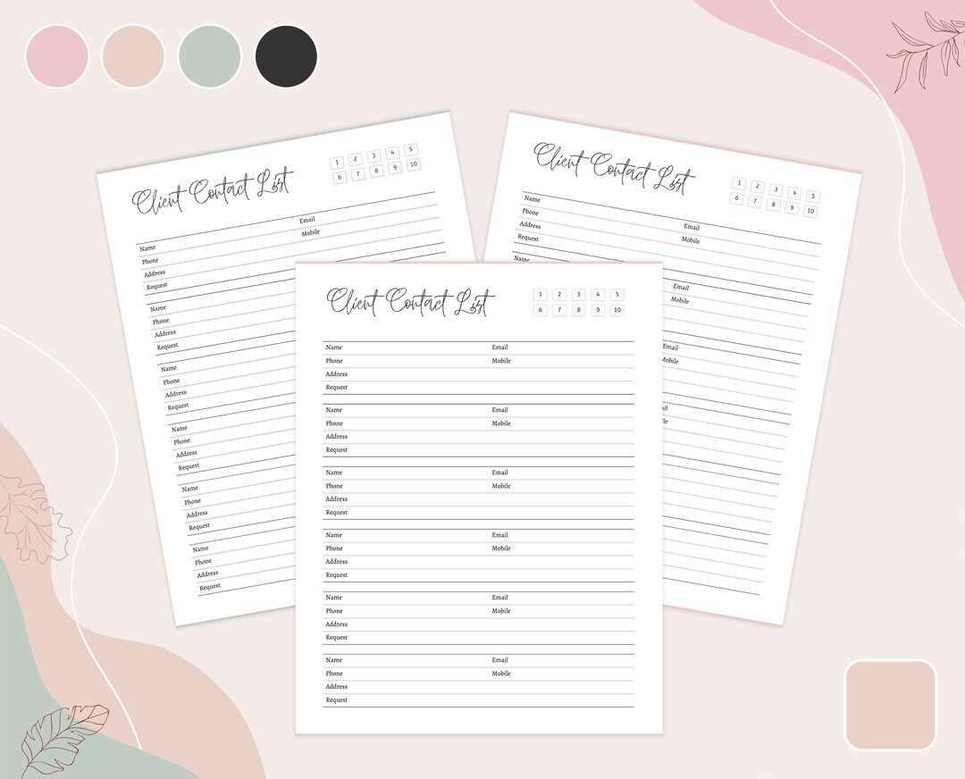 Client Contact List Printable Template Contact Information - Etsy