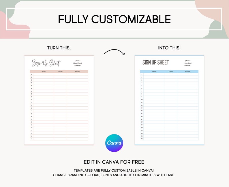 Printable Sign up Sheet, Editable Single Sign up Form, Event Sign up ...
