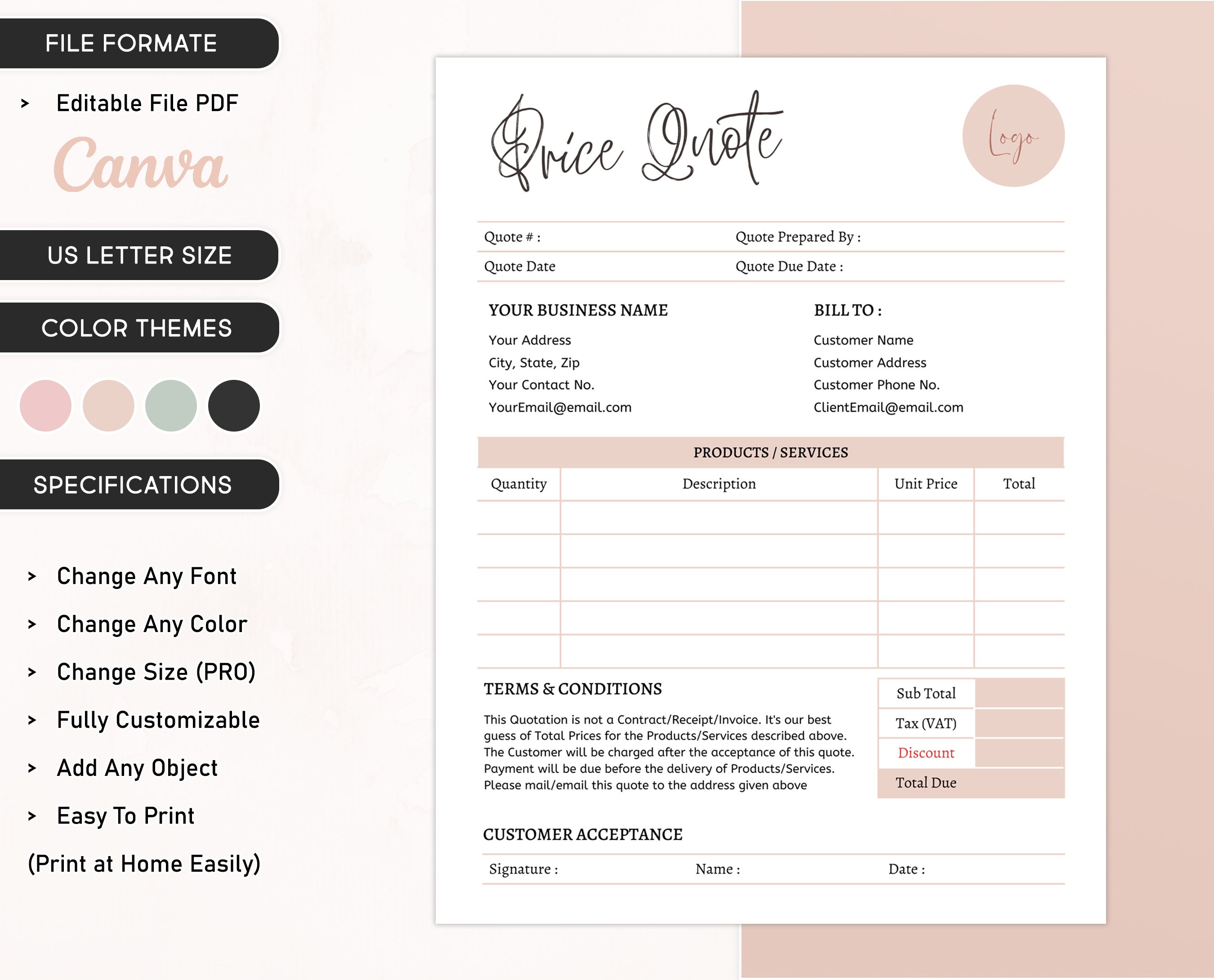 Printable Price Quote Template Professional Business Cost Calculation ...