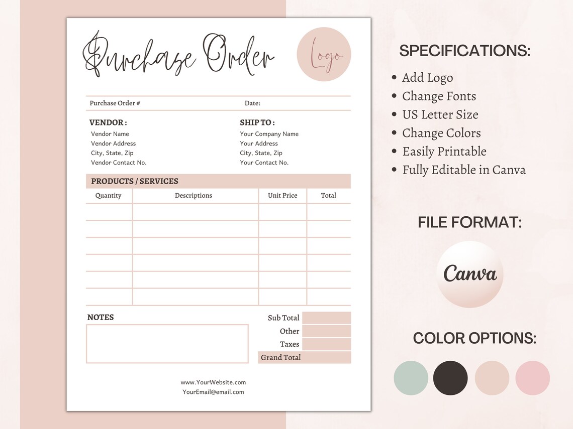 Editable Purchase Order Template Canva Order Form Template - Etsy
