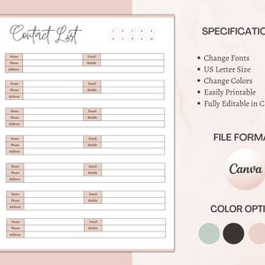 Contact Information Template Printable Contact List Address - Etsy