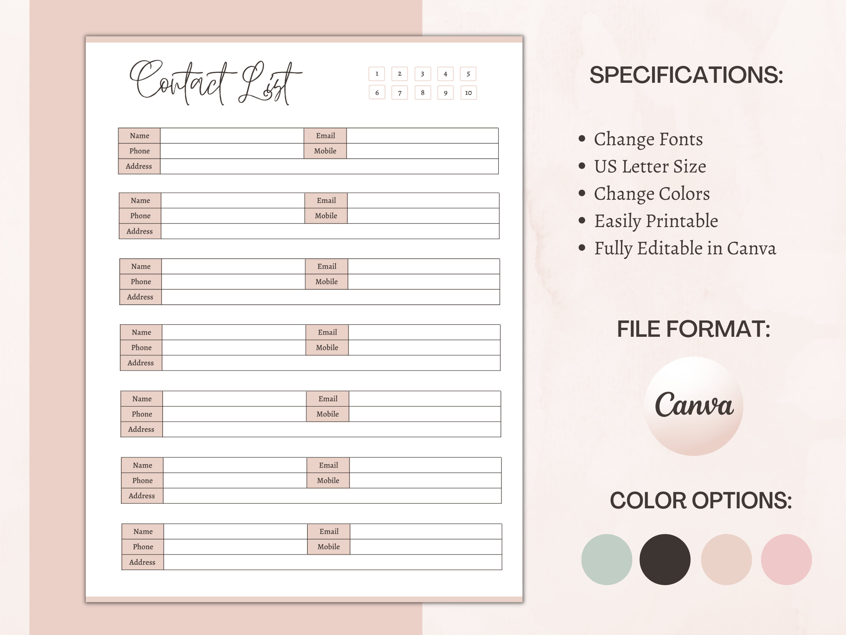 Contact Information Template Printable Contact List Address - Etsy