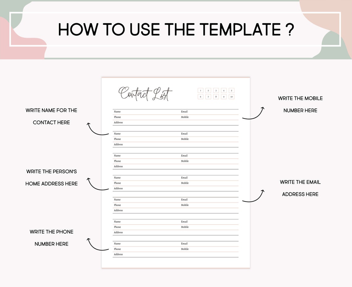 Contact Information Template, Printable Contact List, Address Phone ...