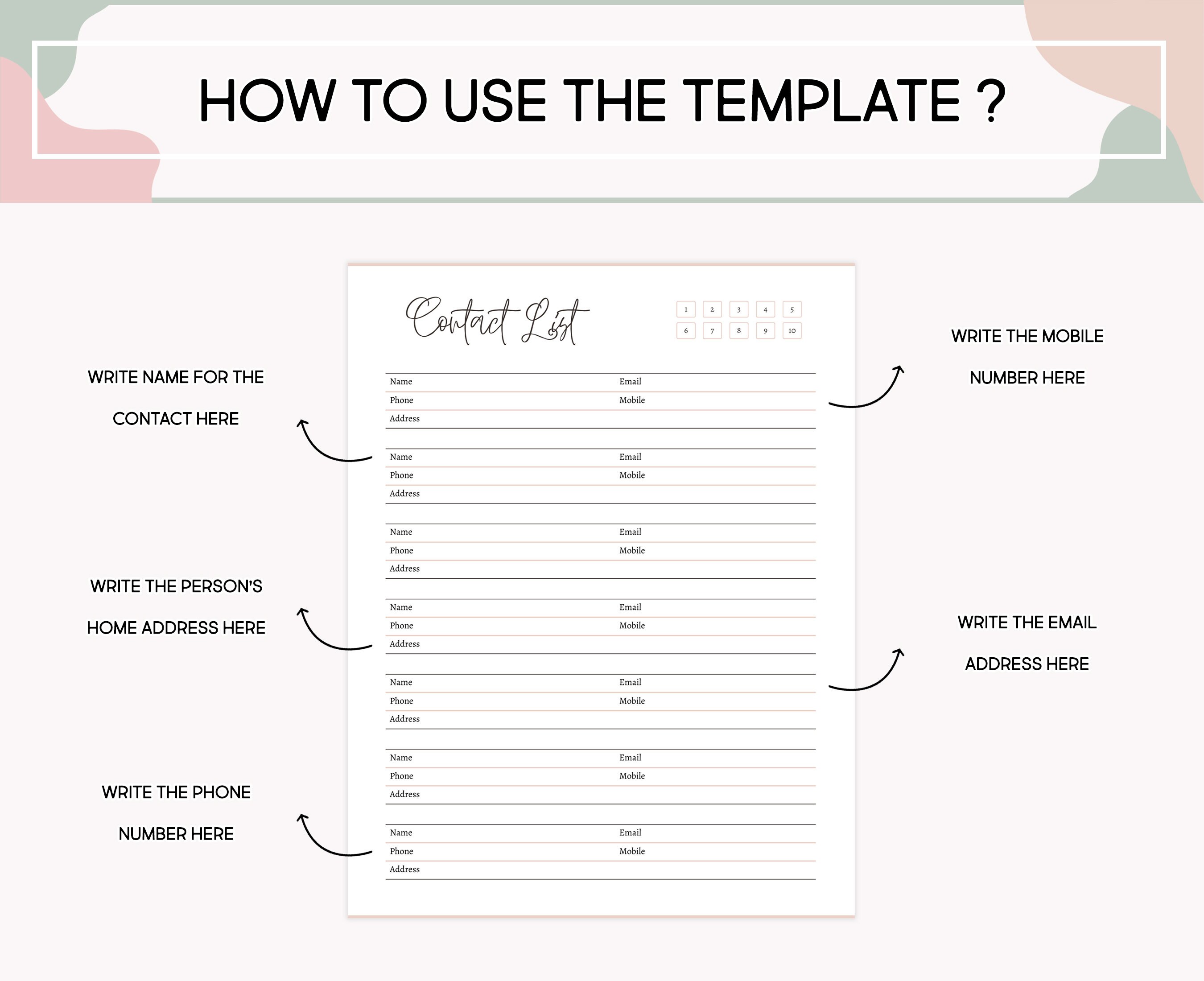 Contact Information Template Printable Contact List Address - Etsy