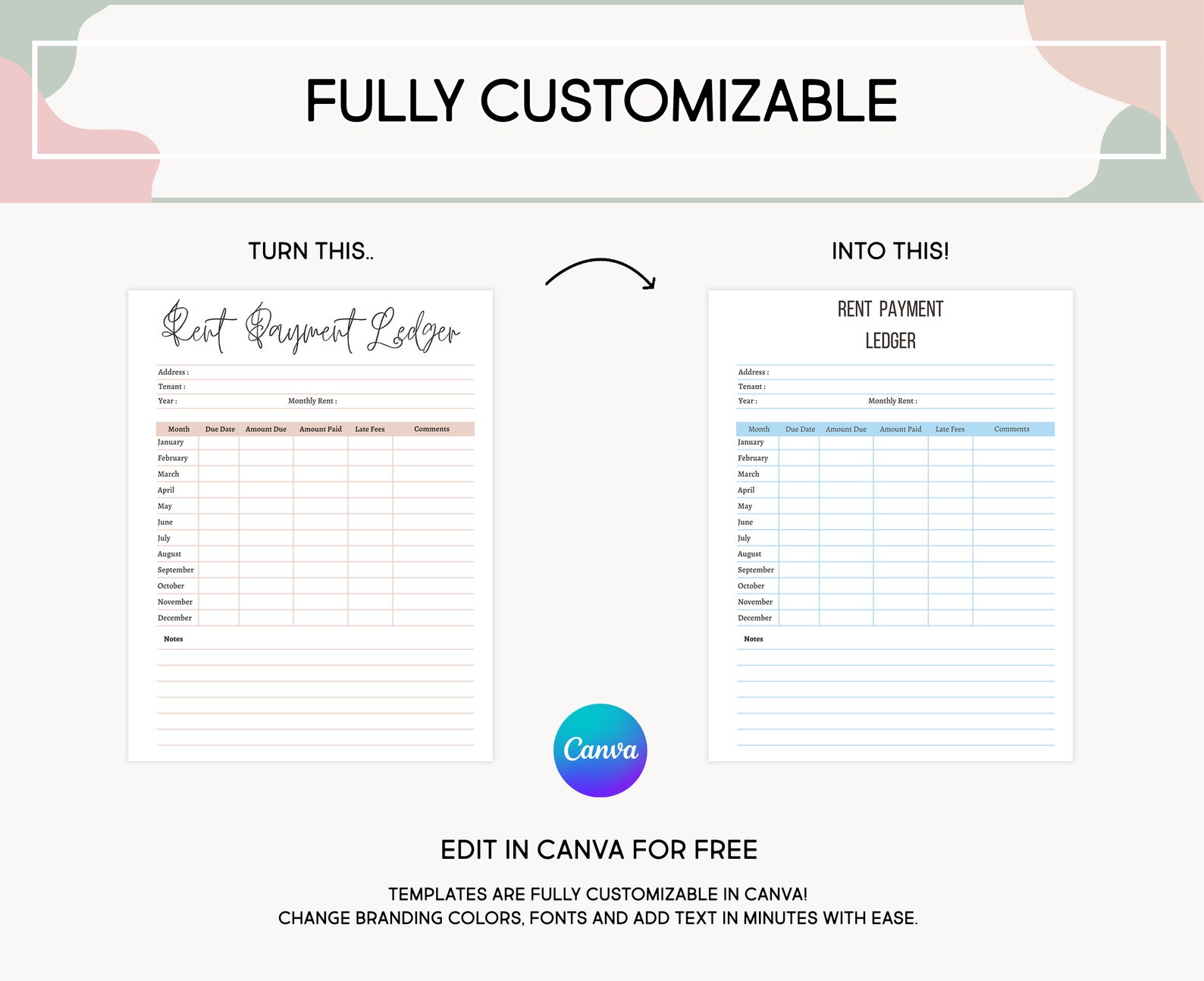 Printable Rent Payment Ledger Editable Monthly Rental Payment Tracker ...