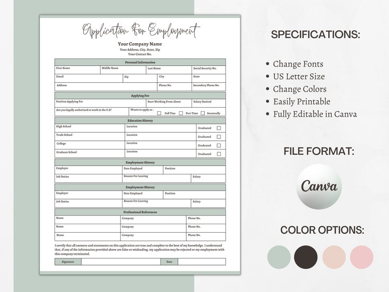 Employment Application Template Printable Application Canva - Etsy