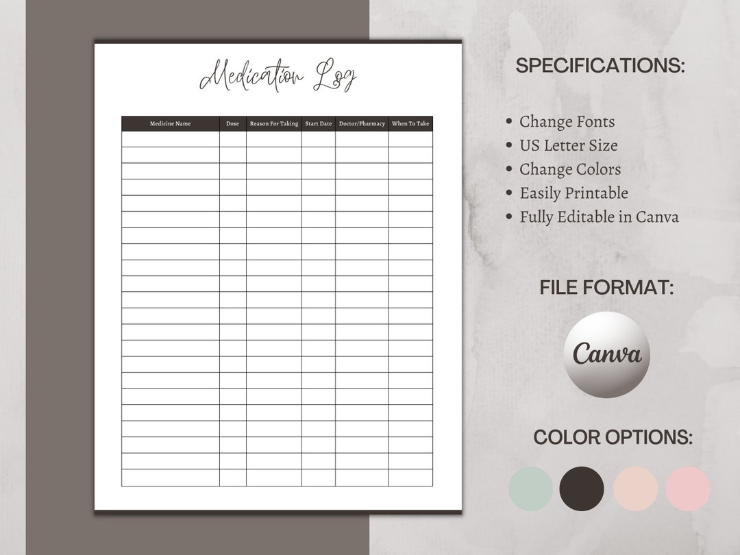 Printable Medication Log, Supplement Tracking Sheet, Medicine Schedule ...