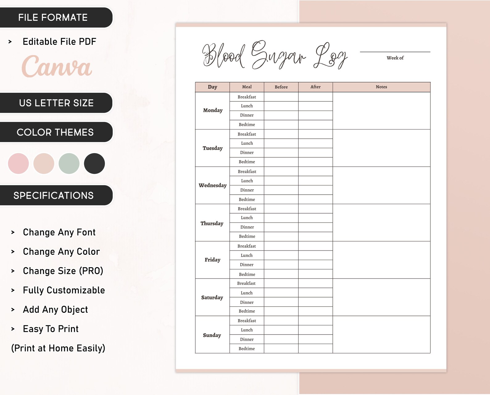 Blood Sugar Management Log, Gestational Diabetes Log, Daily Weekly ...