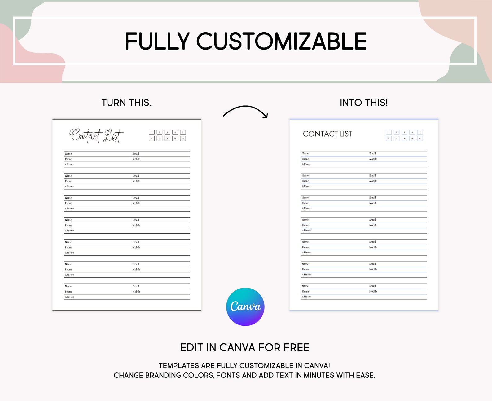 Contact Information Template, Printable Contact List, Address Phone ...