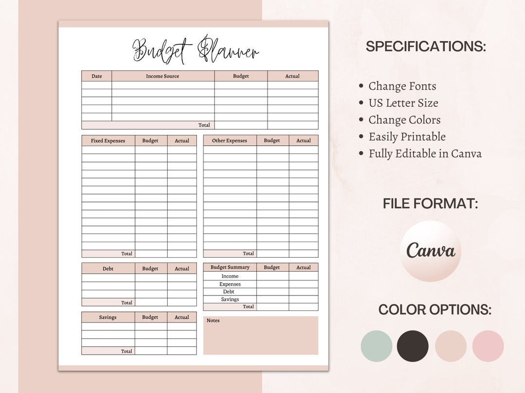 Finance Planner Template Canva Editable Printable Budget - Etsy