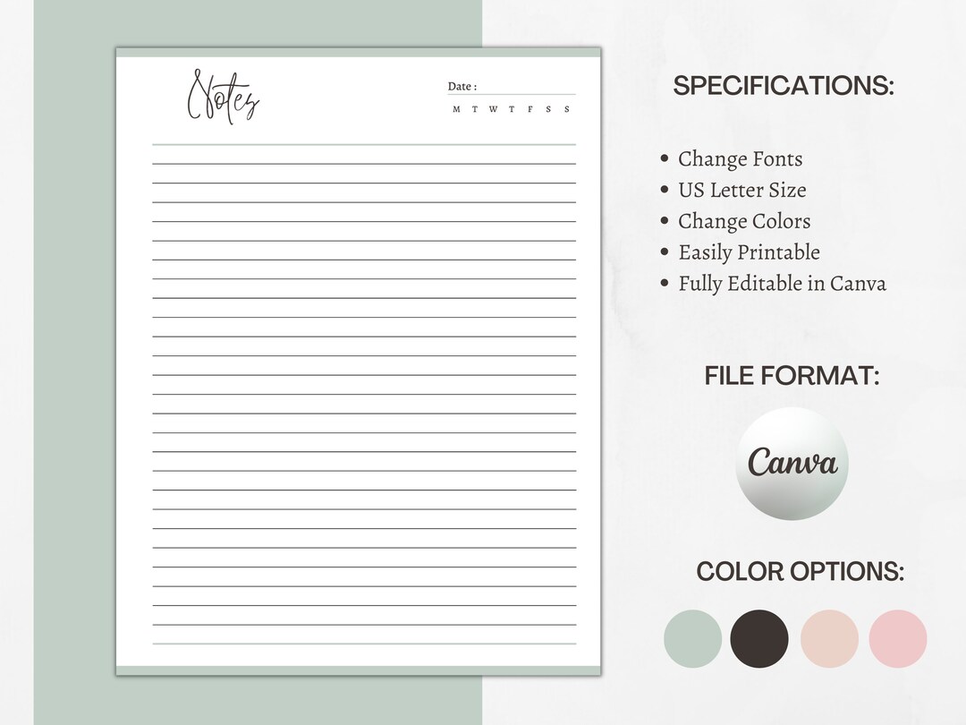 Notes Page Printable Lined Notepad Canva Template Student Etsy