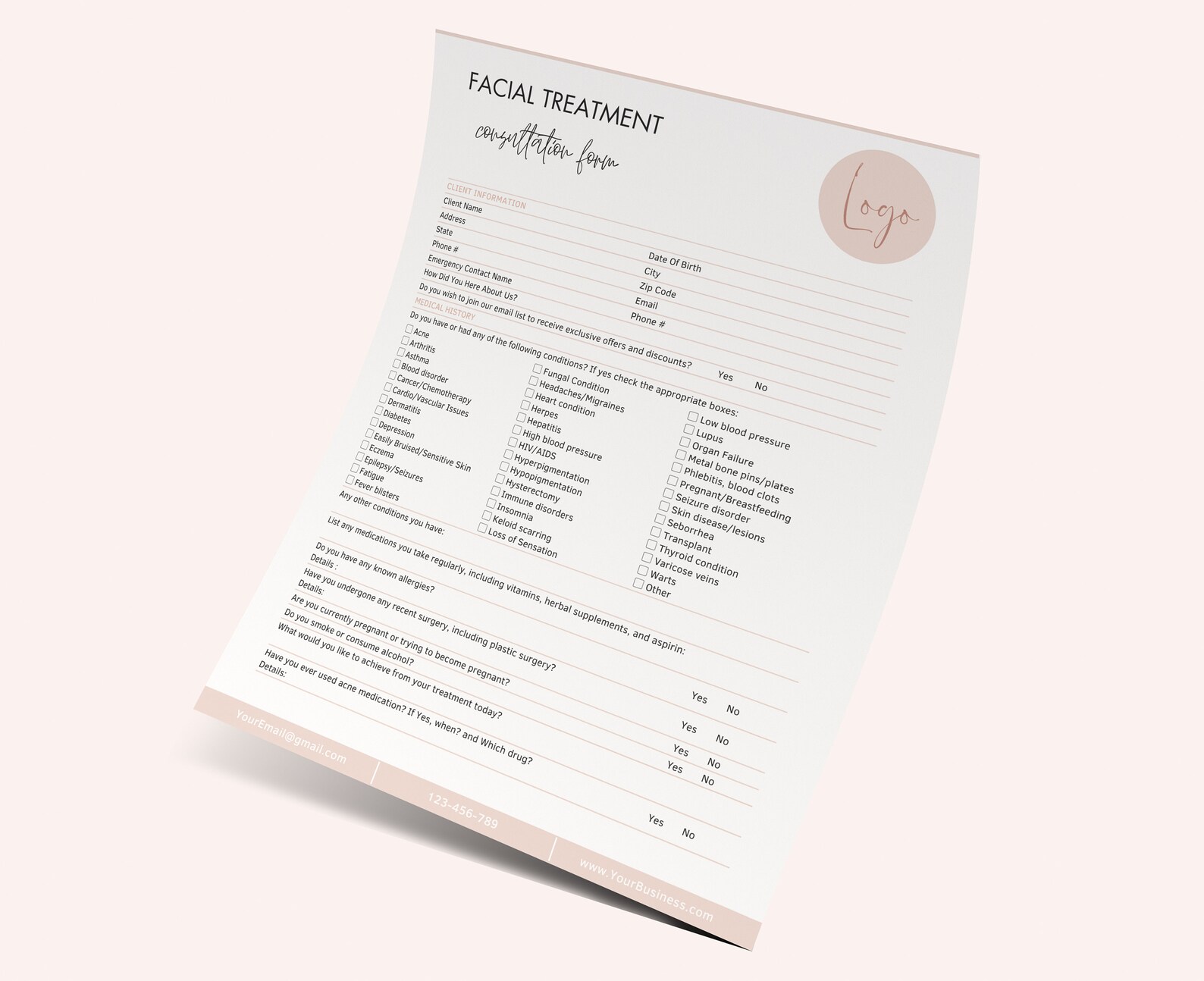 Facial Consultation Form, Editable Spa Form, Skincare Business Template ...