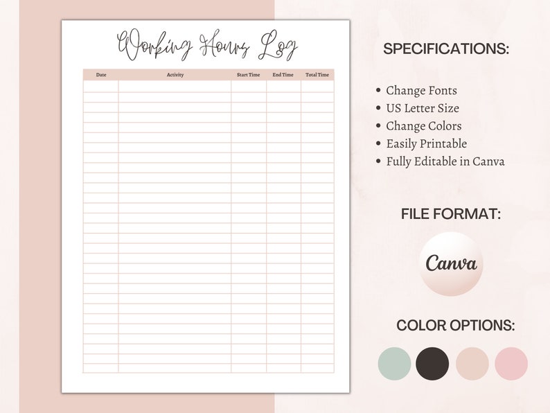 Printable Work Log Time Log Tracker Editable Task Working - Etsy UK