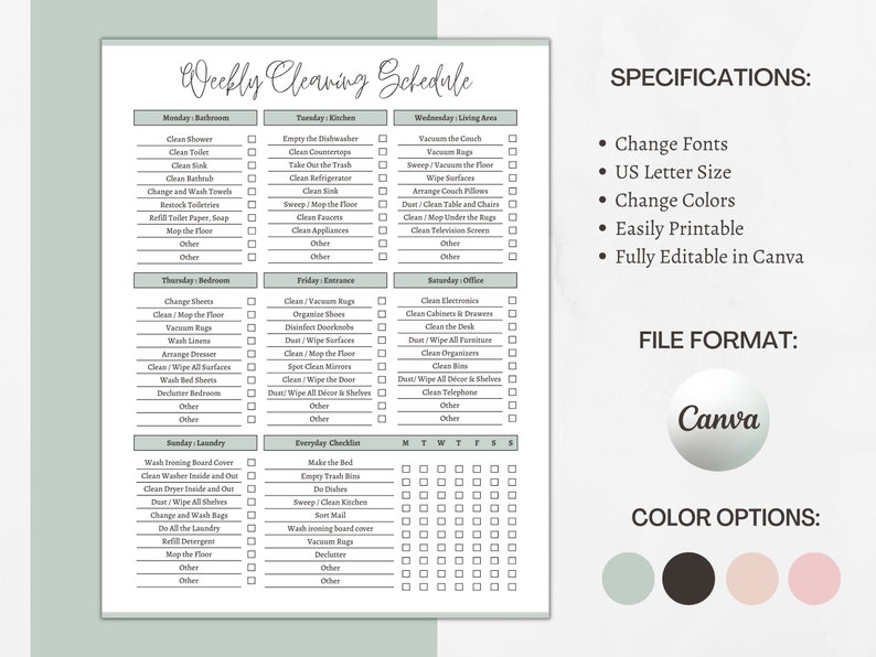 Weekly Cleaning Schedule Printable Template, Editable House Cleaning ...