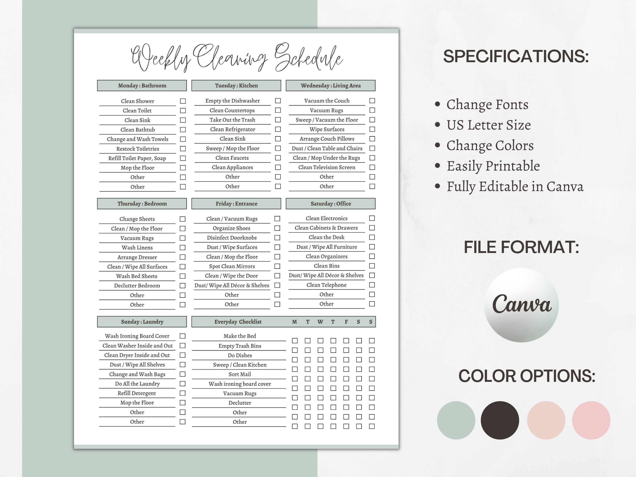Weekly Cleaning Schedule Printable Template, Editable House Cleaning ...