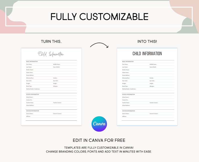 Printable Child’s Information Planner Editable Child Care Template ...