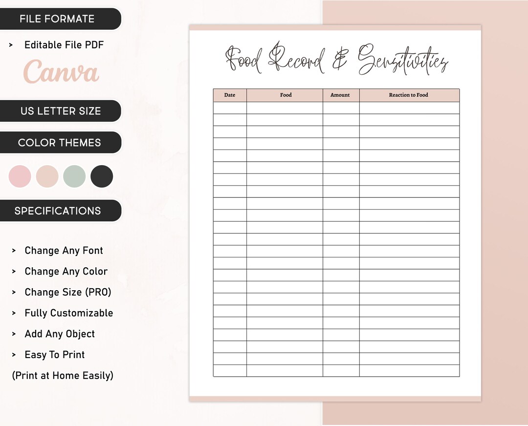 Printable Food Record & Sensitivity Tracker Intolerance, Allergy, Meal ...