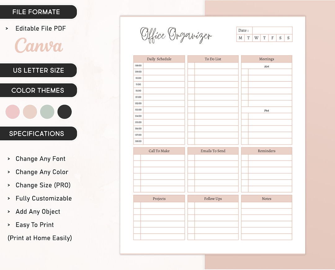 Office Organizer Template, Printable Office Planner Spreadsheet, Office ...