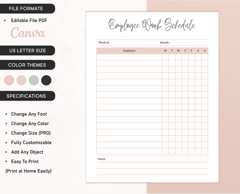 Employee Work Schedule Printable, Crew Daily Working Chart, Employee ...