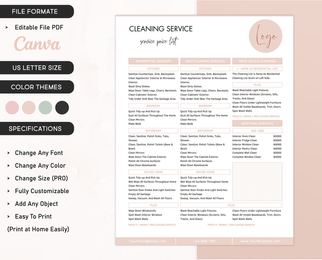 Professional Cleaning Service Price List Editable Pricing List Commercial Cleaning Price Sheet ...