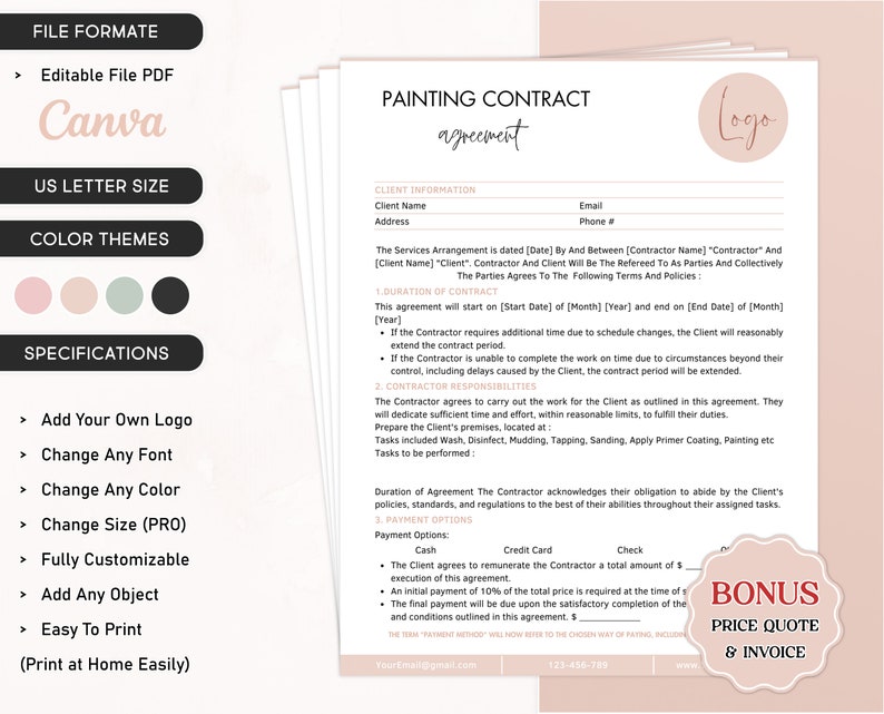 Editable Painting Contract Agreement, Painting Contractor, Residential Painting Service Contract ...