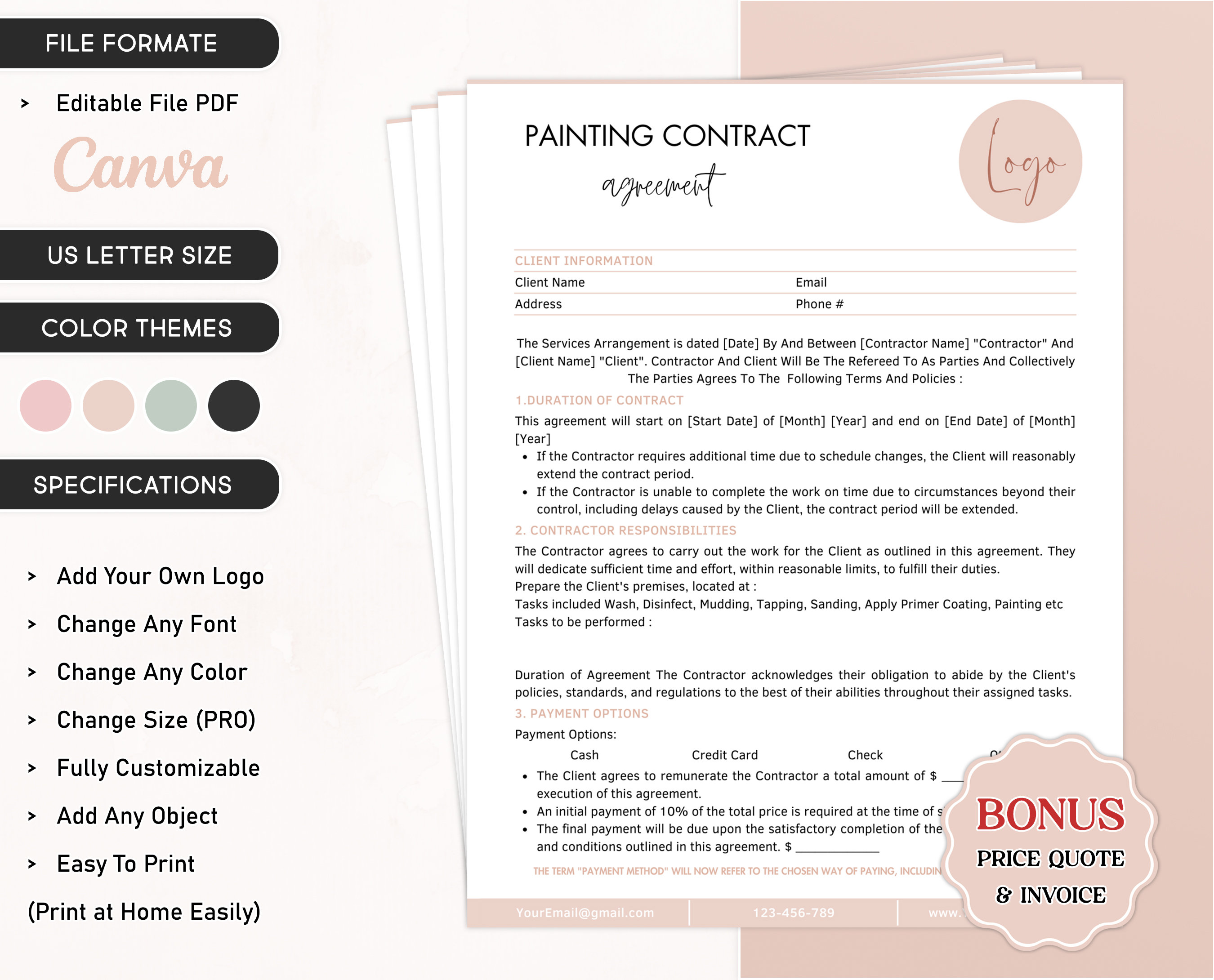 Editable Painting Contract Agreement, Painting Contractor, Residential ...