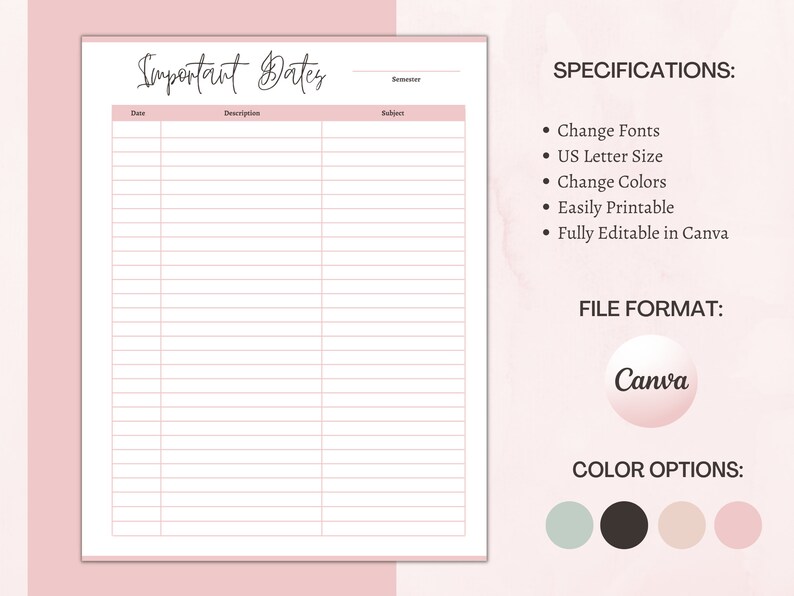 Important Dates Template Event Tracker Editable & Fillable - Etsy