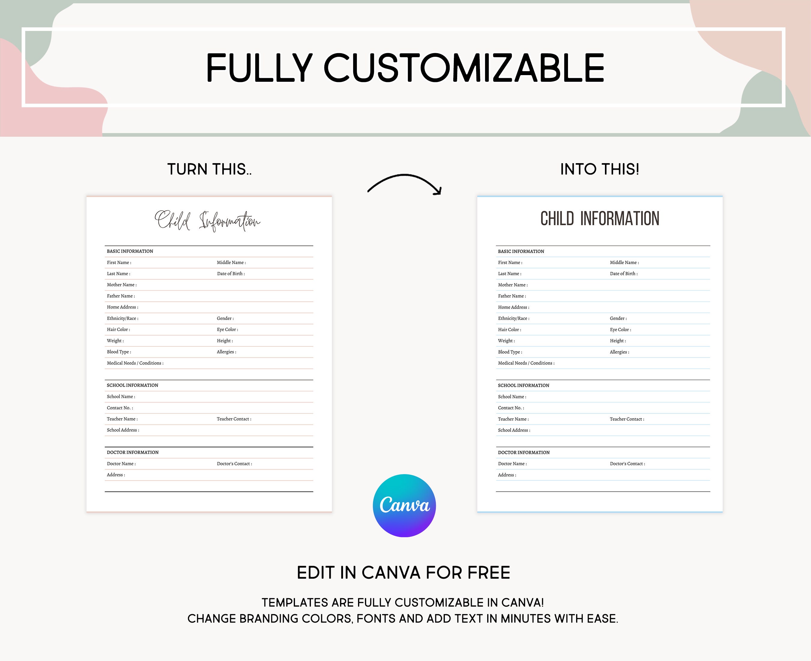 Printable Child's Information Sheet Editable Important Information ...